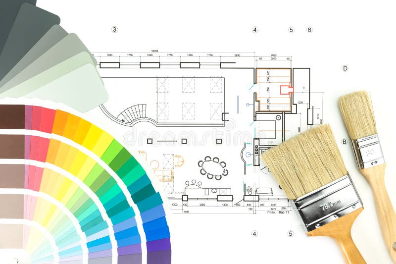Architectural Drawing with Palette Stock Photo - Image of plan ...
