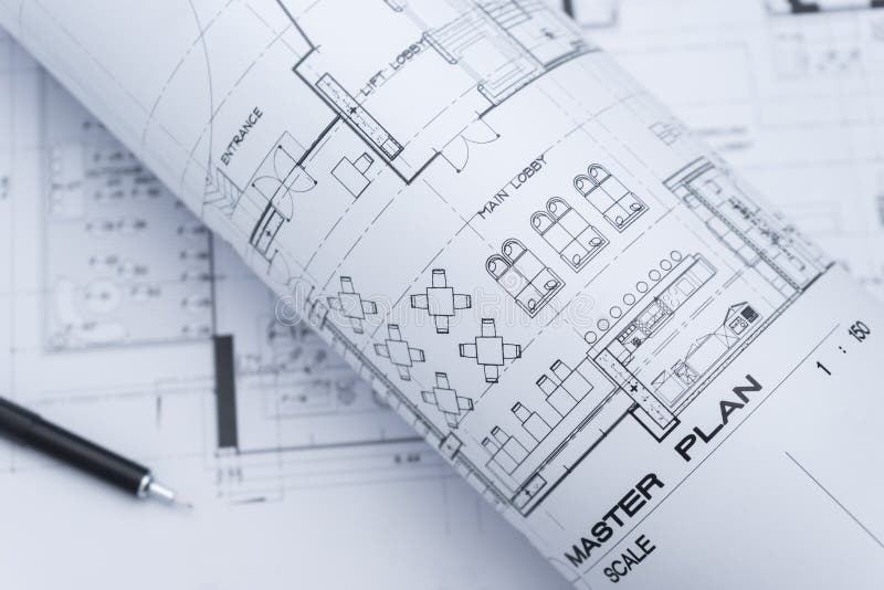 Architectural Drawing Paper Rolls of a Dwelling Stock Image - Image of ...