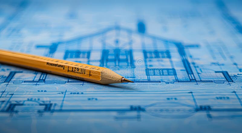 Architectural Drawing. Pencil and Blueprint with Lines and Markings ...