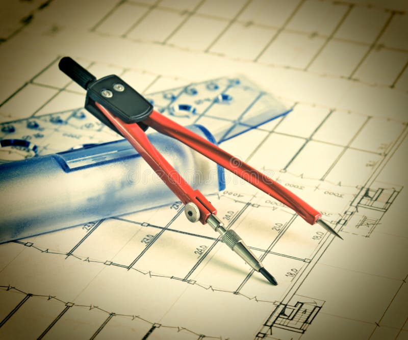 Architectural Drawing with a Ruler and Compass Stock Photo - Image of ...