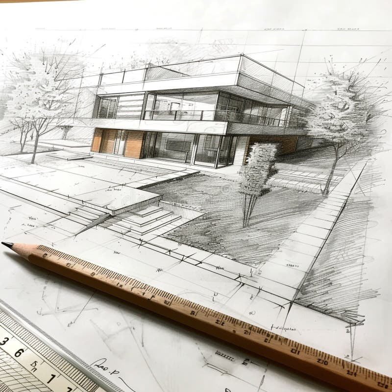 Architectural Drawing with a Ruler and Pencil Stock Illustration ...