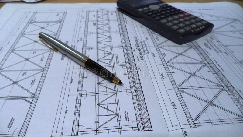 Architectural Drawing, Scientific Calculator and a Ball Point Pen Stock ...