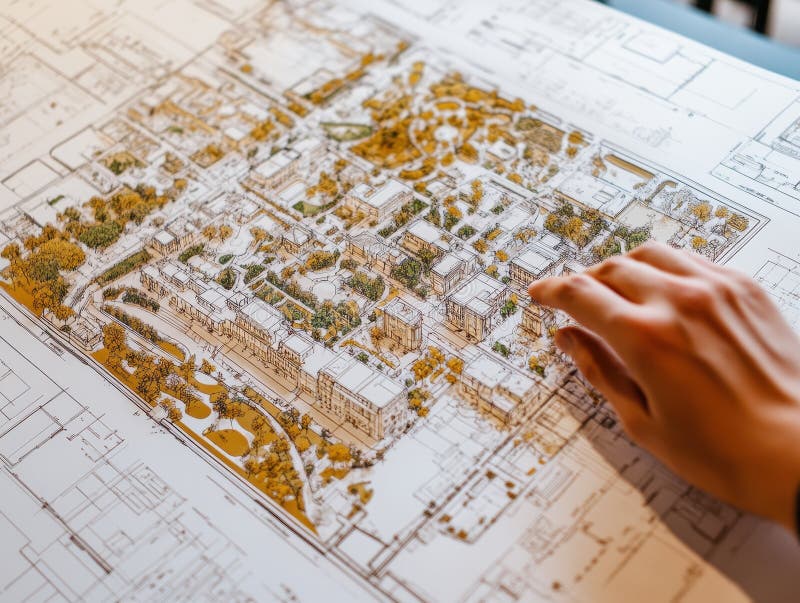 Architectural Drawing Shows Building Design and Landscaping Stock ...