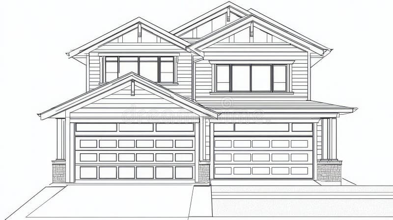 Architectural Drawing of a Suburban House, Complete with Trees ...