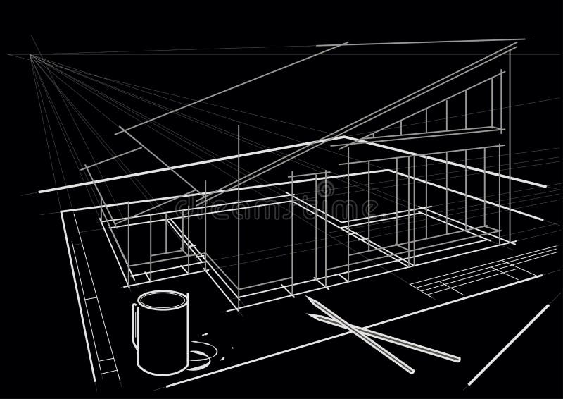 Architectural Drawing on Table with Pencils and Coffee Cup on Black ...