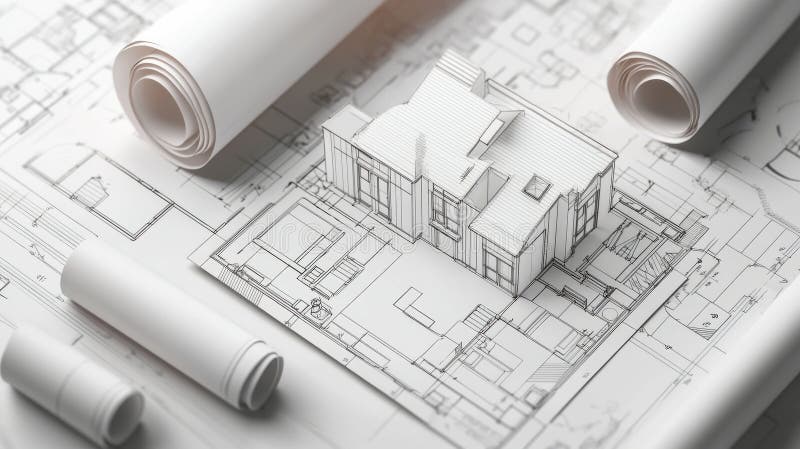 Architectural Drawings and Blueprints Rolled Up on a Table for Design ...