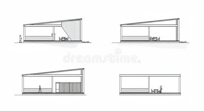 Architectural Drawings Depicting Four Elevations of a Modern ...