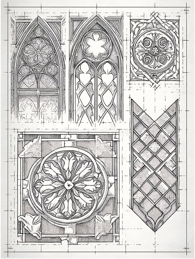 Architectural Drawings of Gothic-style Elements, Featuring Intricate ...