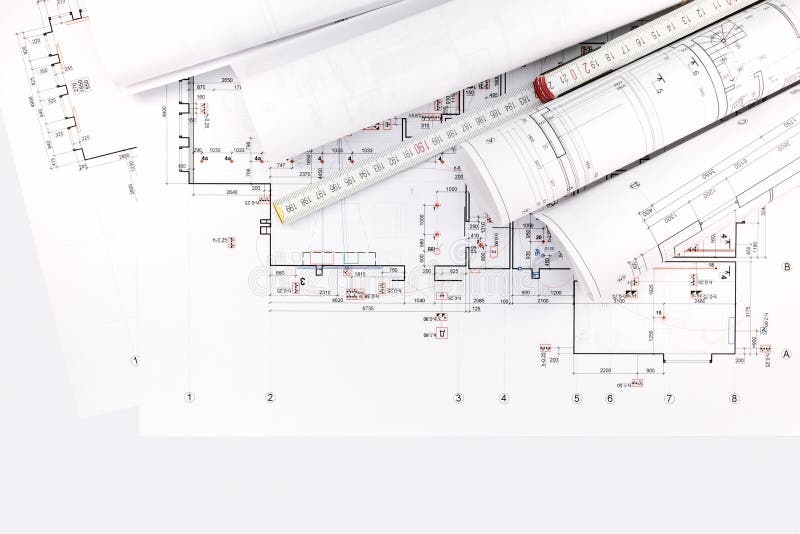 Architectural Drawings, Rolls of Blueprints with Ruler Stock Photo ...