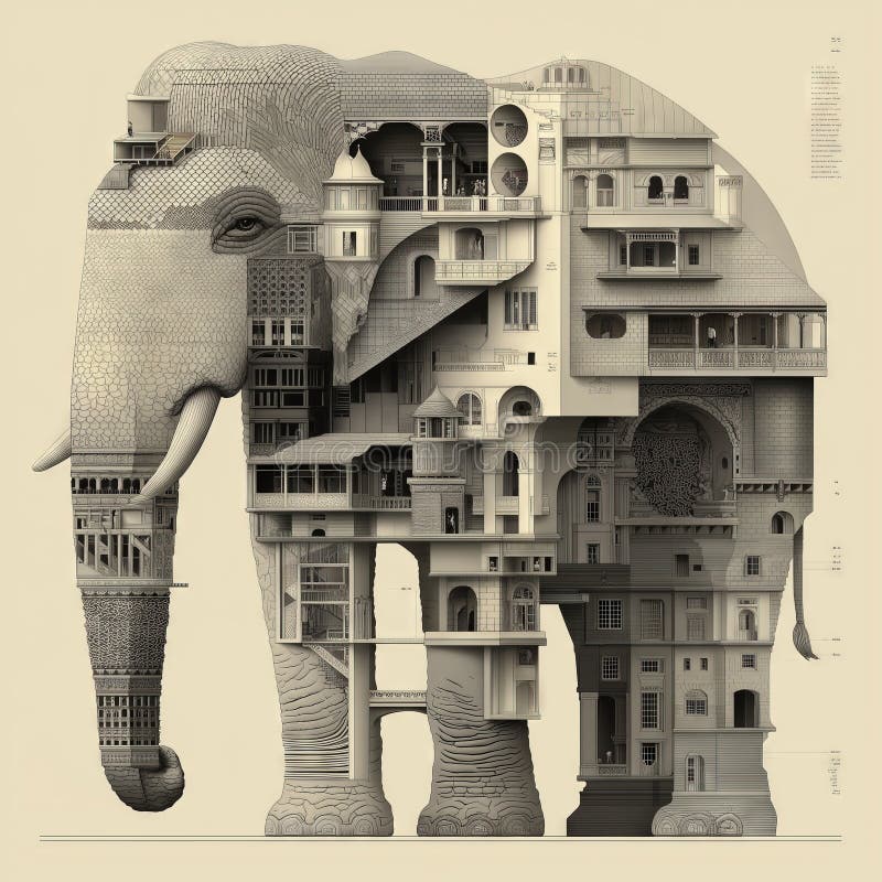 Architectural Elephant Composed of Intricate Building Structures Stock ...