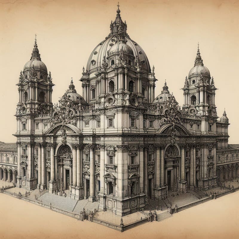 Dramatic Baroque Basilica with Massive Dome Stock Illustration ...