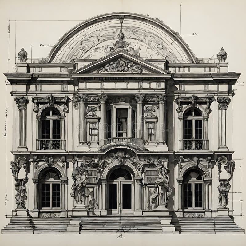 Architectural Elevation of a Classical Building Featuring Majestic ...