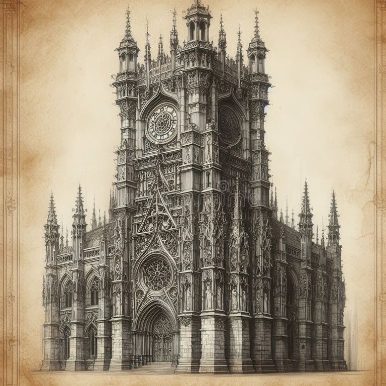 Architectural Drawing of Gothic Clockwork Spire Stock Illustration ...