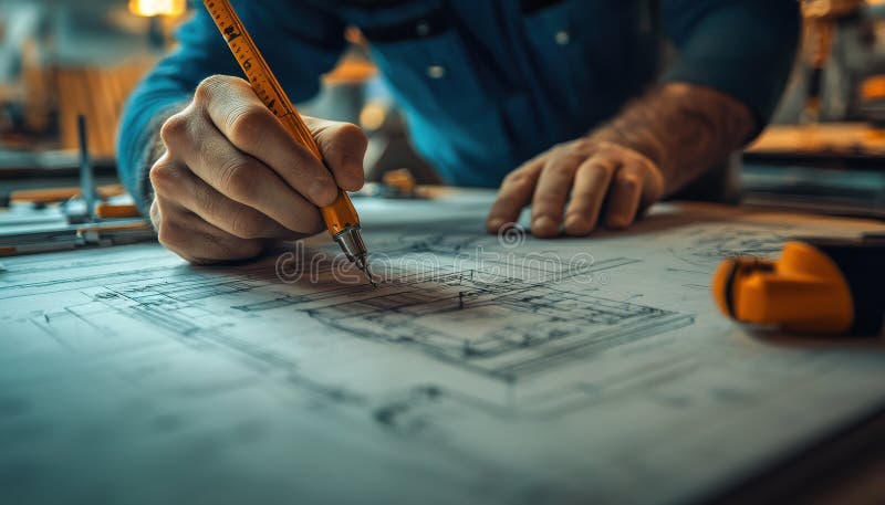 Architectural Engineer Drafting Building Plans in a Workshop during ...