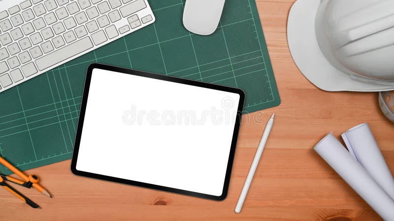 Architectural and Engineer Office Desk with Digital Tablet, Helmet and ...