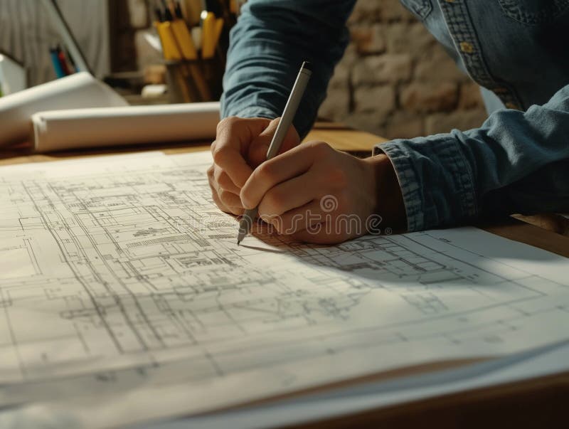 Architectural Engineer Working on Planning Drawings. Construction and ...