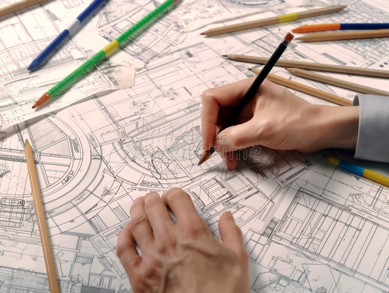 Architectural Engineer Working on Planning Drawings. Construction and ...