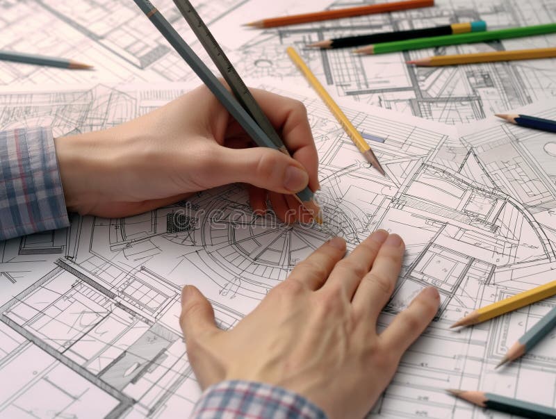 Architectural Engineer Working on Planning Drawings. Construction and ...
