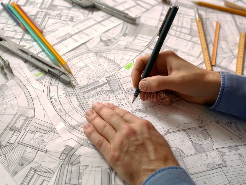 Architectural Engineer Working on Planning Drawings. Construction and ...