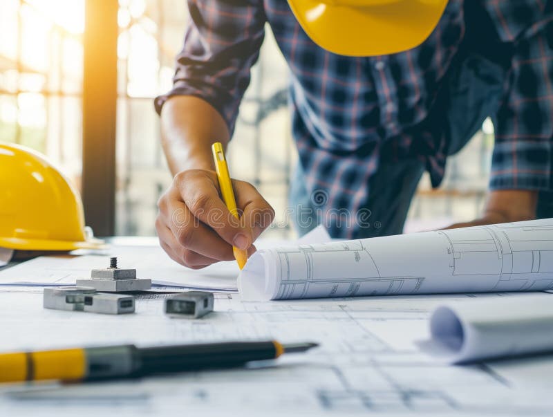 Architectural Engineer Working on Planning Drawings. Construction and ...