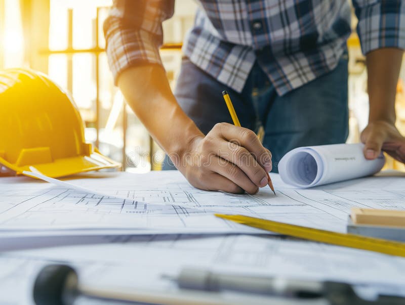 Architectural Engineer Working on Planning Drawings. Construction and ...