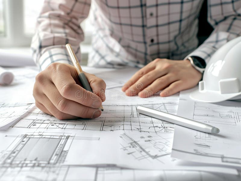 Architectural Engineer Working on Planning Drawings. Construction and ...