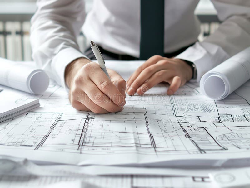 Architectural Engineer Working on Planning Drawings. Construction and ...