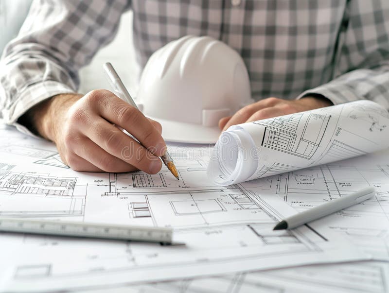 Architectural Engineer Working on Planning Drawings. Construction and ...