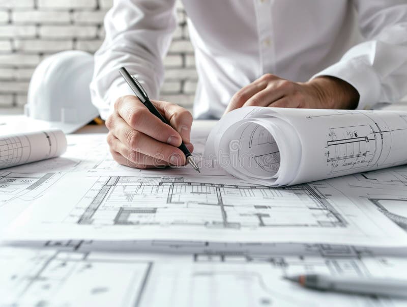 Architectural Engineer Working on Planning Drawings. Construction and ...