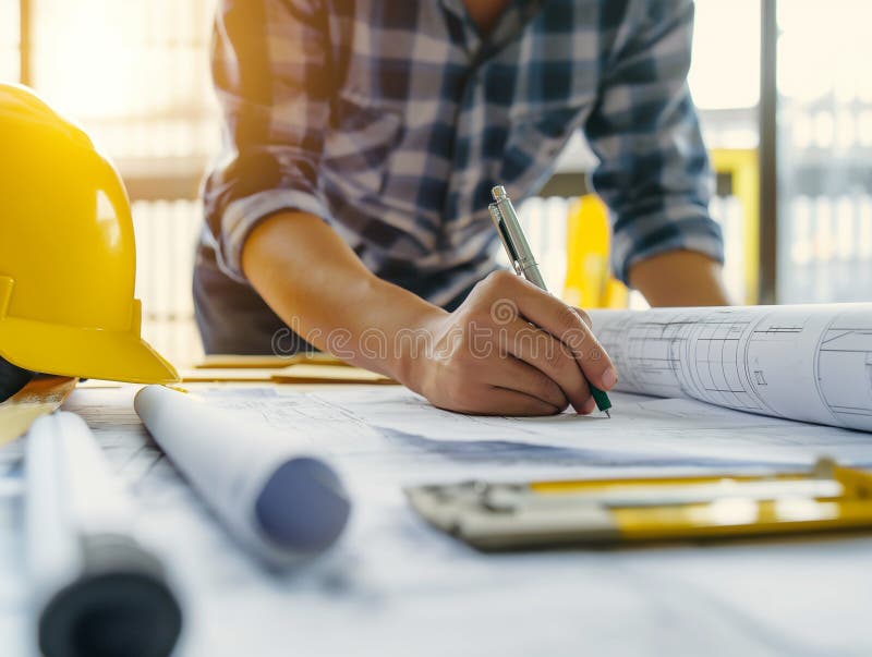 Architectural Engineer Working on Planning Drawings. Construction and ...