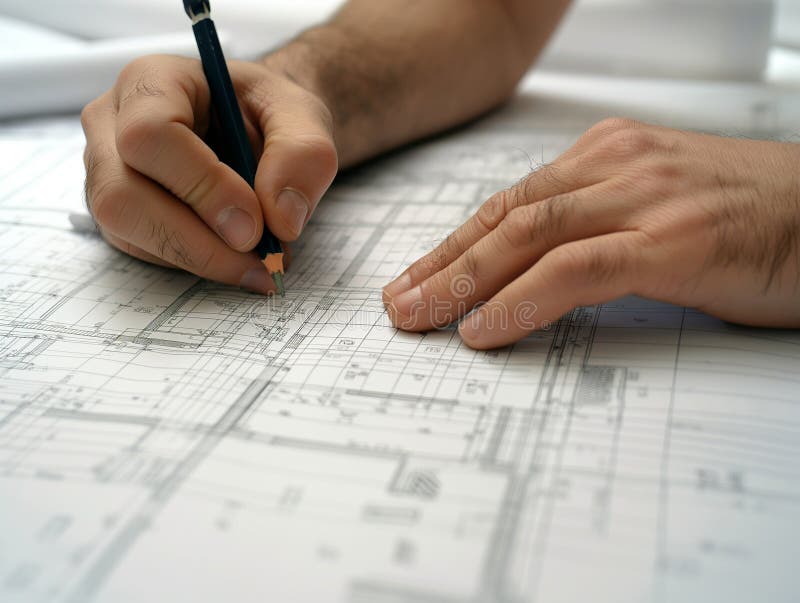 Architectural Engineer Working on Planning Drawings. Construction and ...