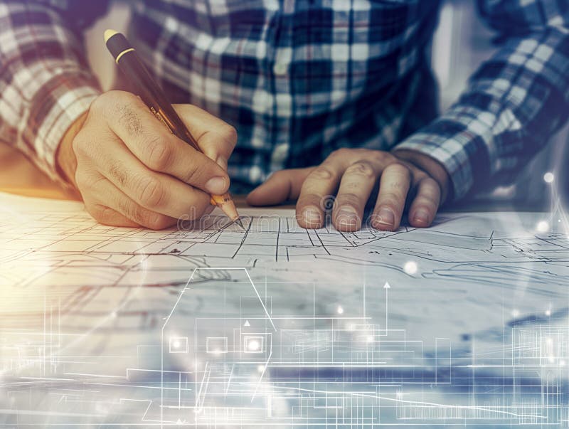 Architectural Engineer Working on Planning Drawings. Construction and ...