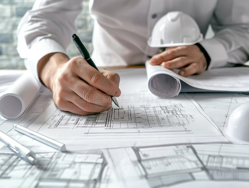 Architectural Engineer Working on Planning Drawings. Construction and ...