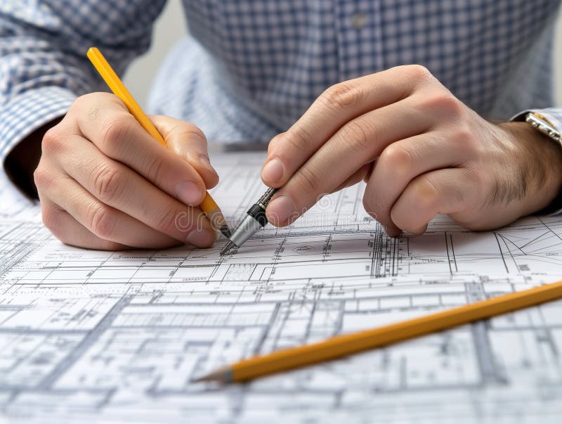 Architectural Engineer Working on Planning Drawings. Construction and ...