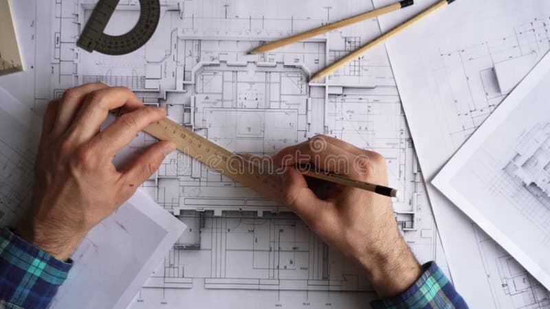 Architectural Engineering Design Plan Drawing on the Table. Architect S ...
