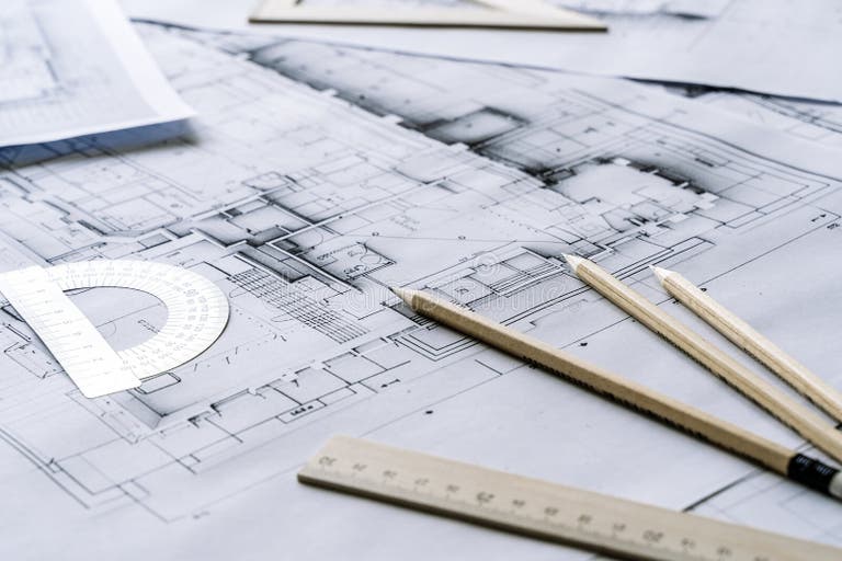 Architectural Engineering Design Plan Drawing on the Table. Architect S ...