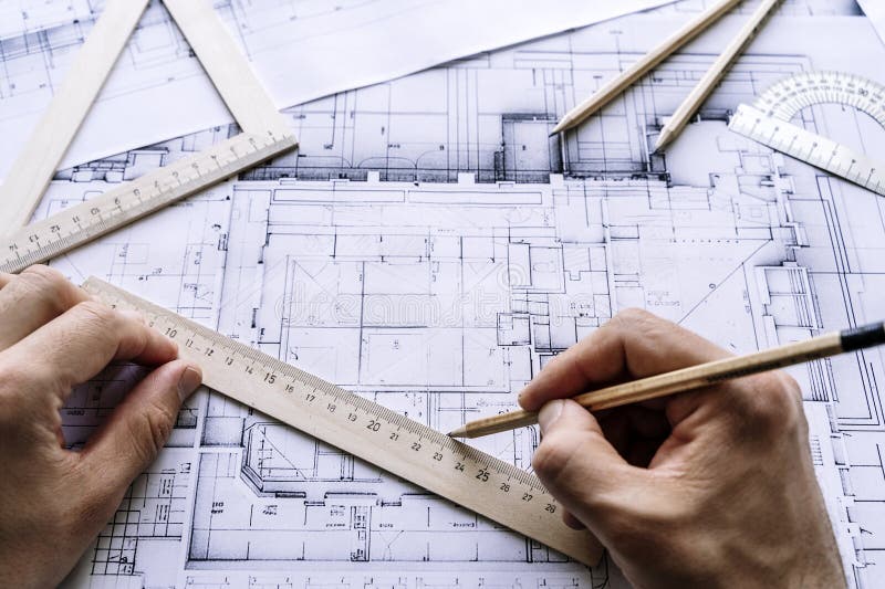 Architectural Engineering Design Plan Drawing on the Table. Architect S ...