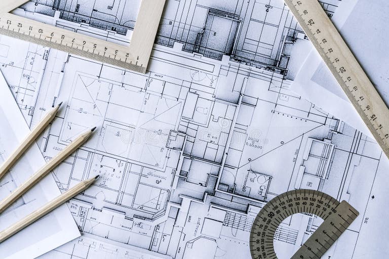 Architectural Engineering Design Plan Drawing on the Table. Architect S ...