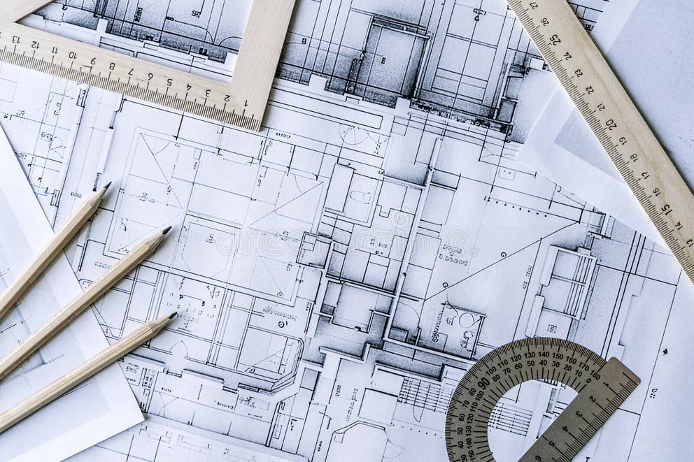 Architectural Engineering Design Plan Drawing on the Table. Architect S ...