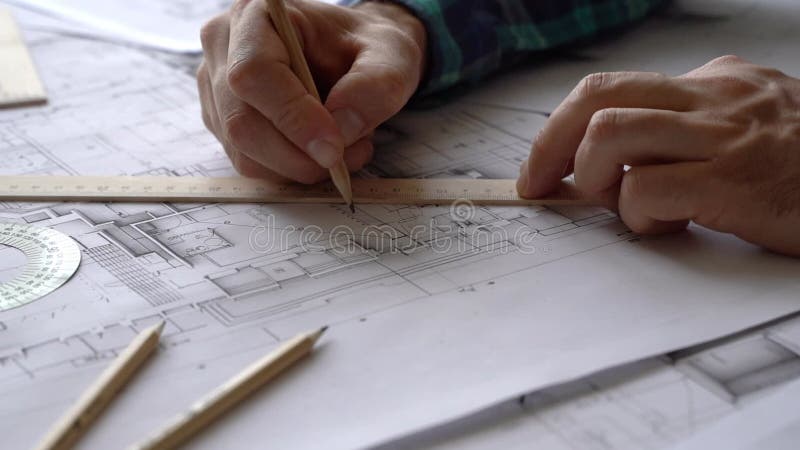 Architectural Engineering Design Plan Drawing on the Table. Architect S ...