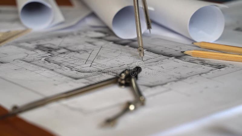 Architectural Engineering Design Plan Drawing on the Table. Architect S ...