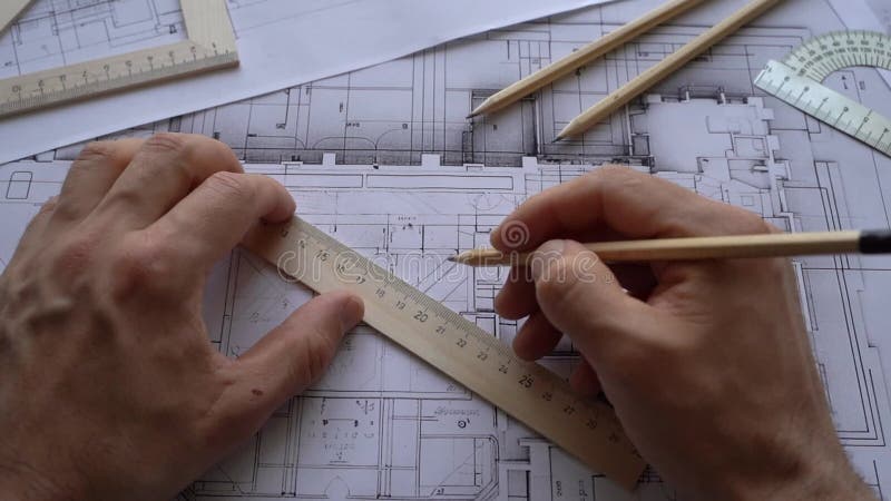 Architectural Engineering Design Plan Drawing on the Table. Architect S ...