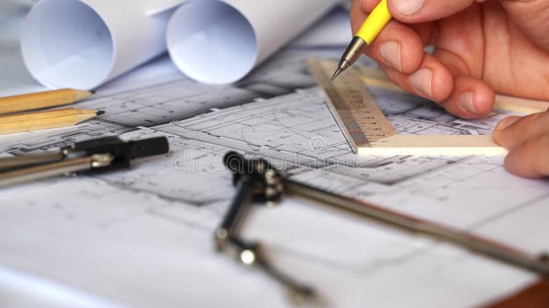 Architectural Engineering Design Plan Drawing on the Table. Architect S ...