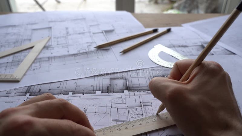 Architectural Engineering Design Plan Drawing on the Table. Architect S ...