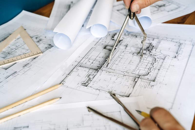 Architectural Engineering Design Plan Drawing on the Table. Architect S ...