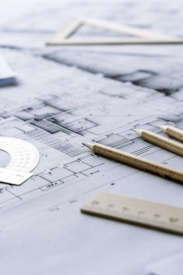 Architectural Engineering Design Plan Drawing on the Table. Architect S ...