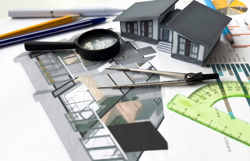Architectural Engineering Design Plan Drawing on the Table. Architect S Work on Table in Studio ...
