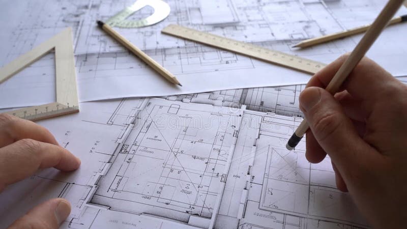 Architectural Engineering Design Plan Drawing on the Table. Architect S ...