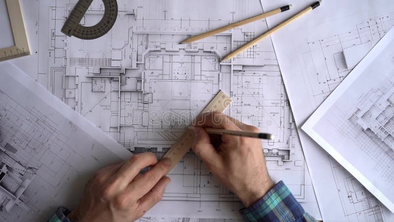 Architectural Engineering Design Plan Drawing on the Table. Architect S ...