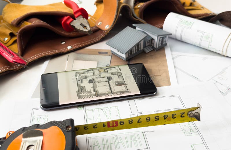 Architectural Engineering Design Plan Drawing on the Table. Architect S ...